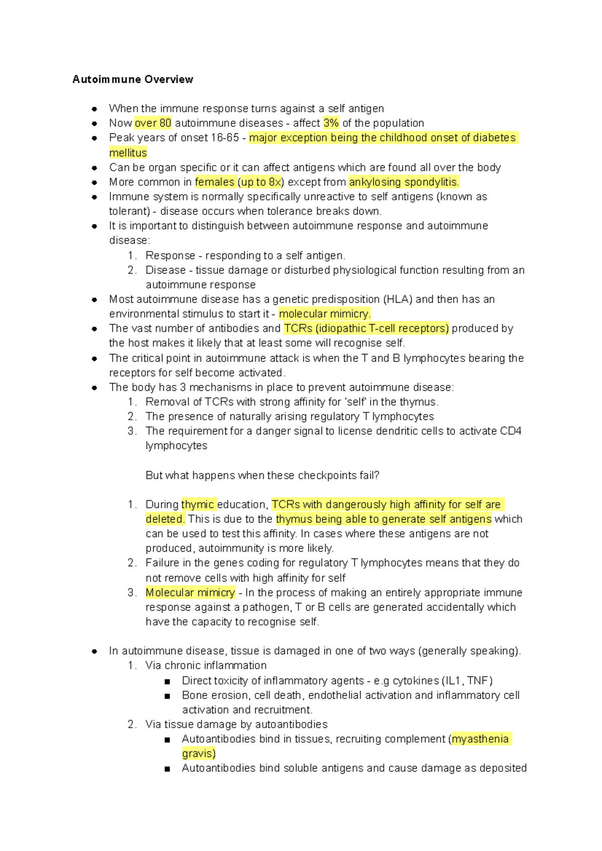 Autoimmune Disease - Lecture notes Year 2 Med Sci - Autoimmune Overview ...