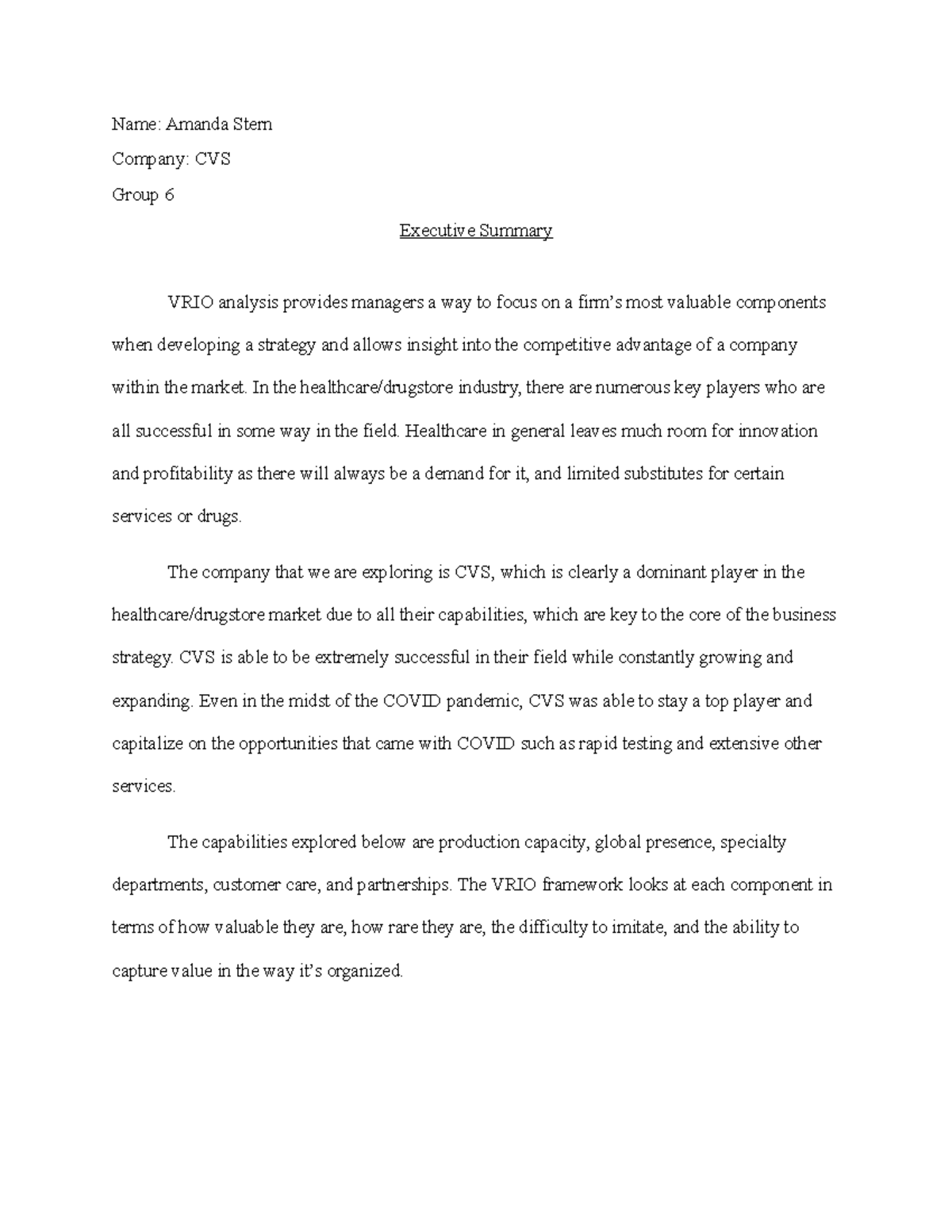 VRIO assignment - Mark Corbin - Name: Amanda Stern Company: CVS Group 6 ...