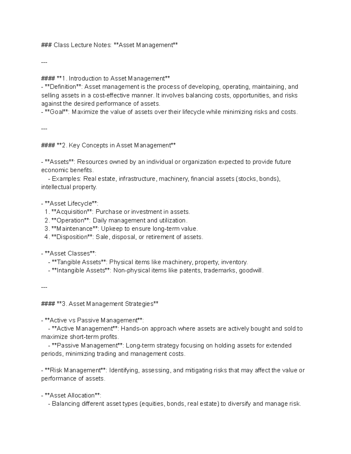 Class Lecture Notes Asset Management - Class Lecture Notes: Asset ...