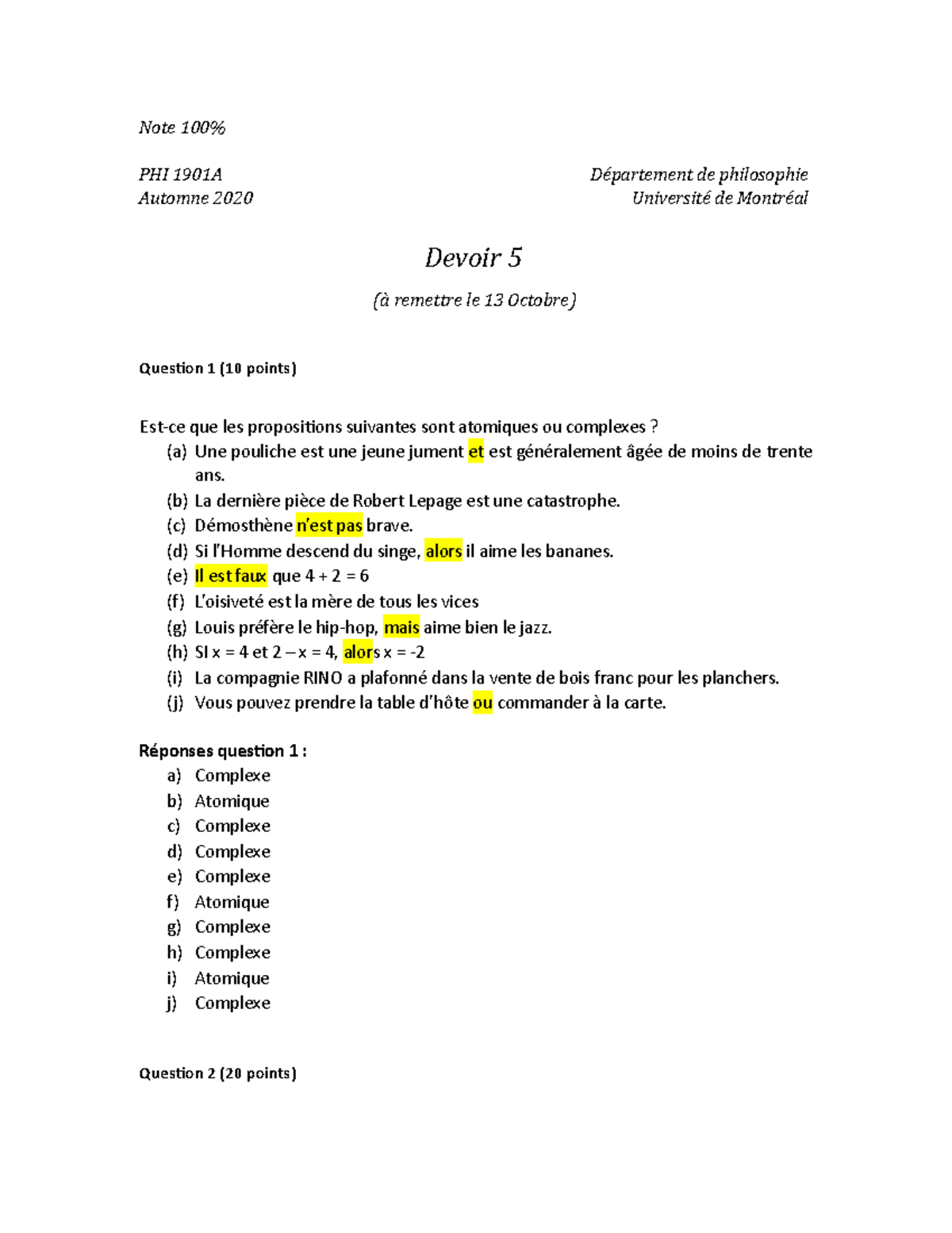 Devoir 5 Philo - Note 100% PHI 1901A Département de philosophie Automne 2020 Université de ...