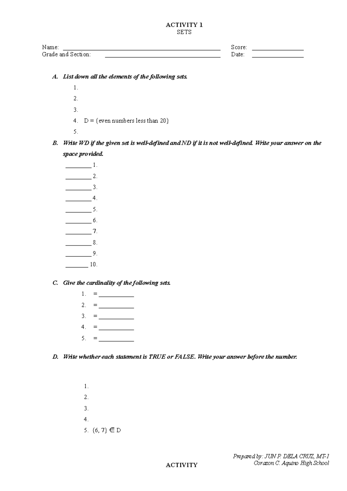 Activities FOR Module 1-4 (Q1) - ACTIVITY 1 SETS Name: - Studocu