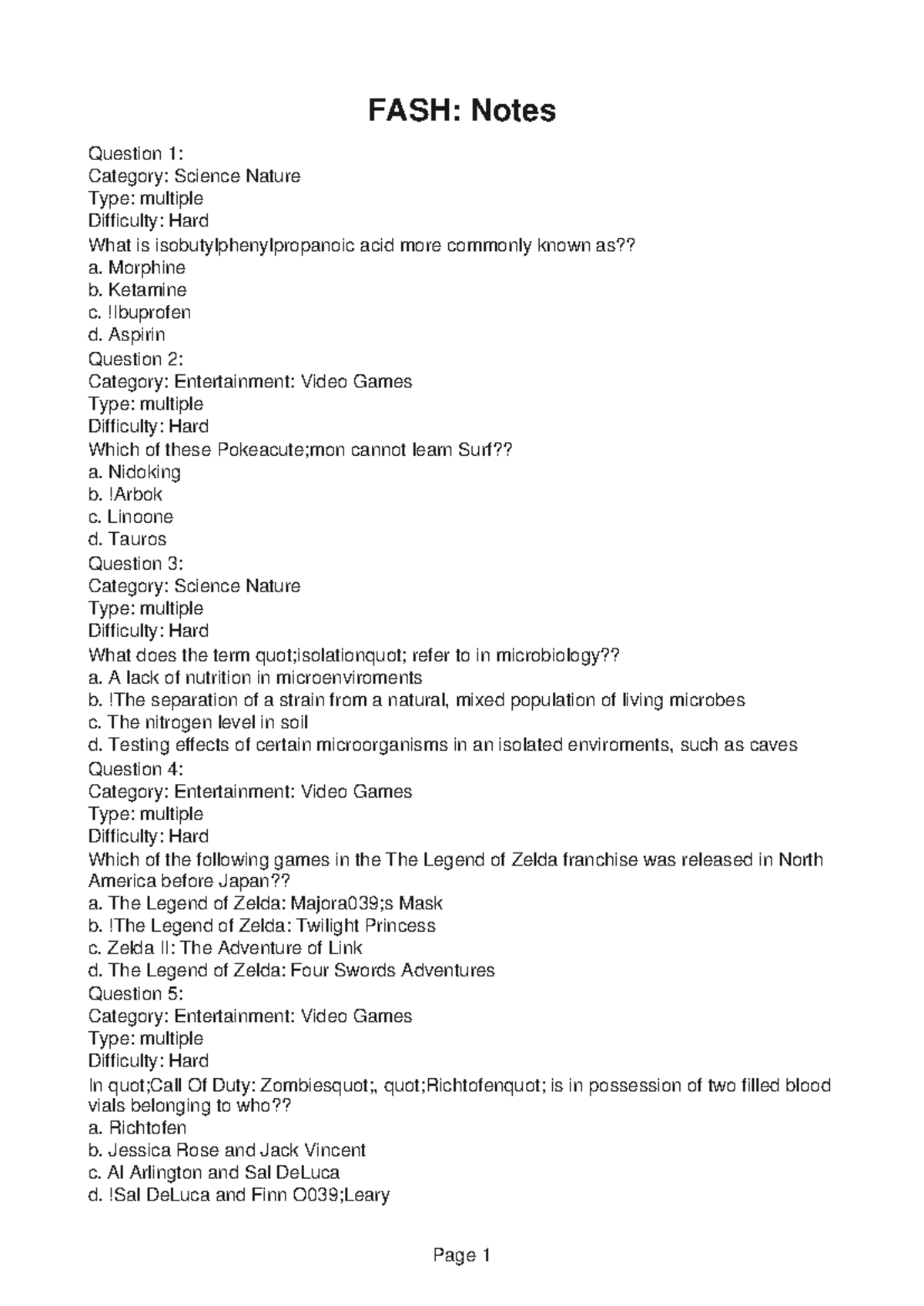 FASH208 Practice Problems 7 - FASH: Notes Question 1: Category: Science ...