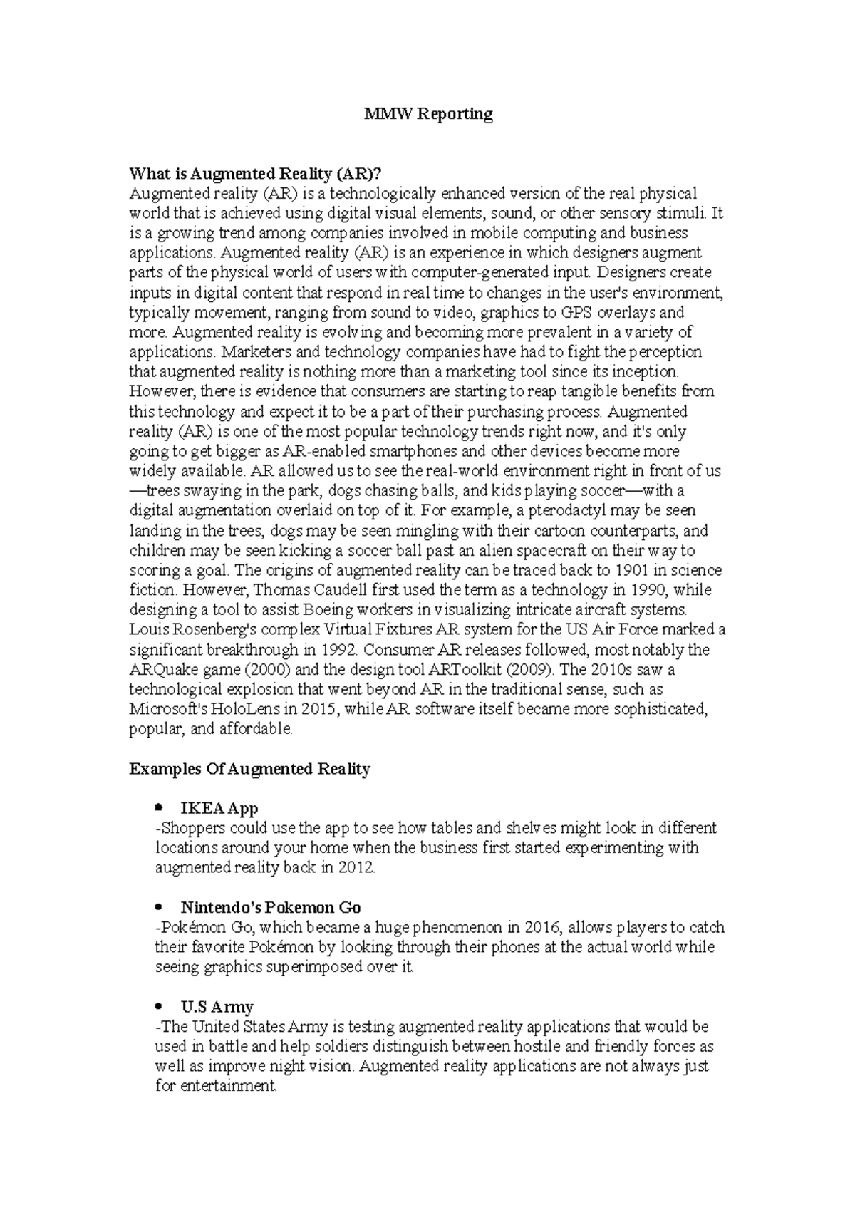 MMW-Reporting - lecture - MMW Reporting What is Augmented Reality (AR ...