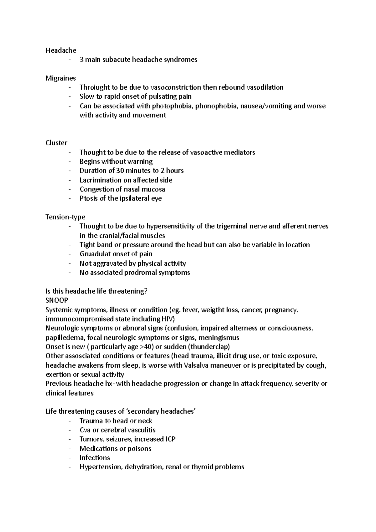 Week 8 review PARA210 - Lecture notes Week 8 lecture summary - Headache ...