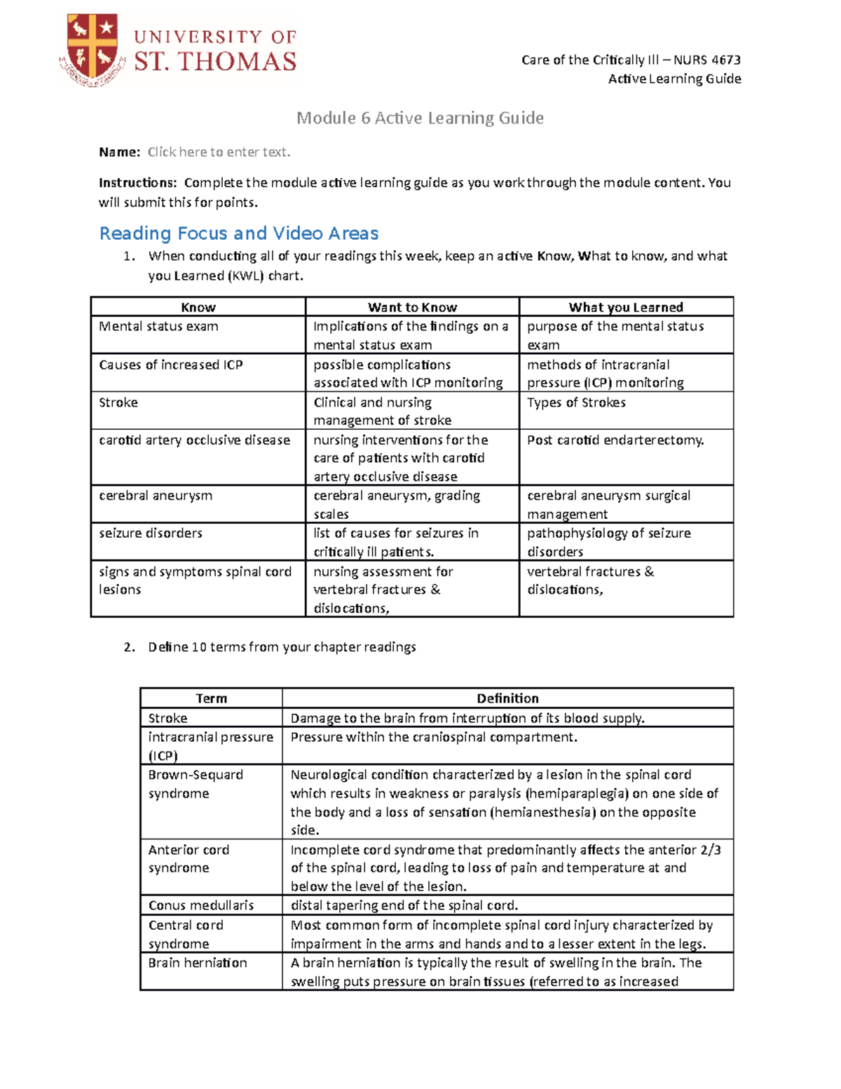 Module 6 - Active Learning Guide - Care of the Critically Ill – NURS ...
