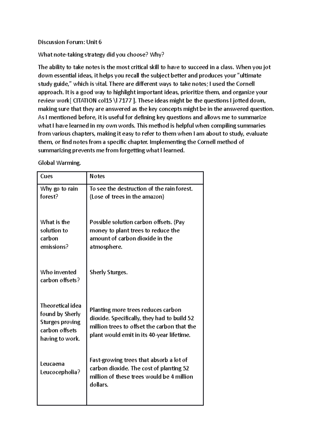 UNIV 1001 Discussion forum unit 6 - Discussion Forum: Unit 6 What note ...