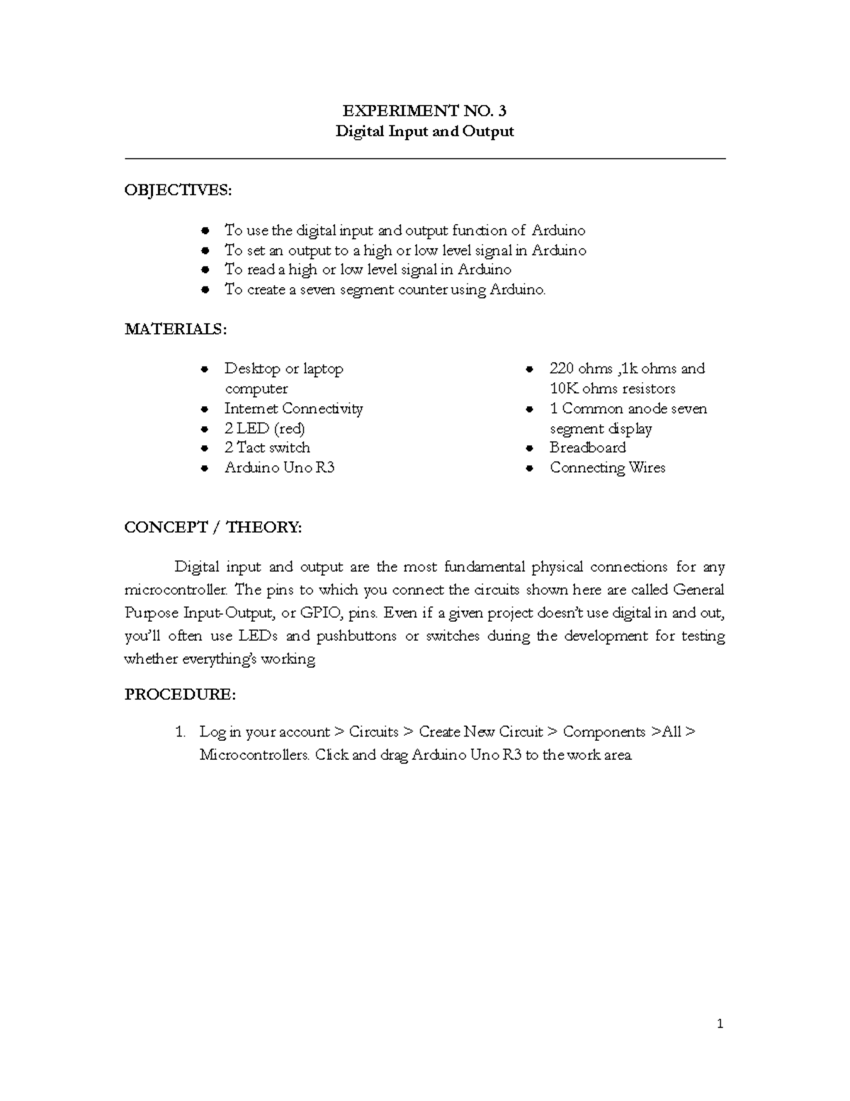 Experiment No - EXPERIMENT NO. 3 Digital Input and Output - Studocu