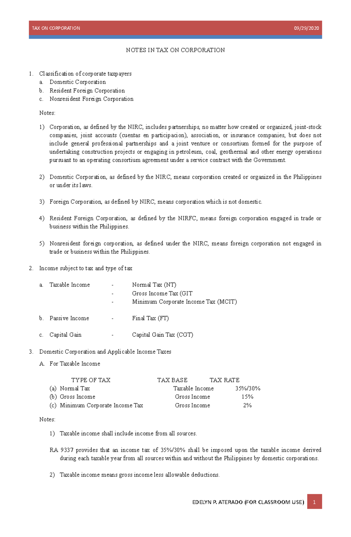 Notes IN TAX ON Corporation - NOTES IN TAX ON CORPORATION ...