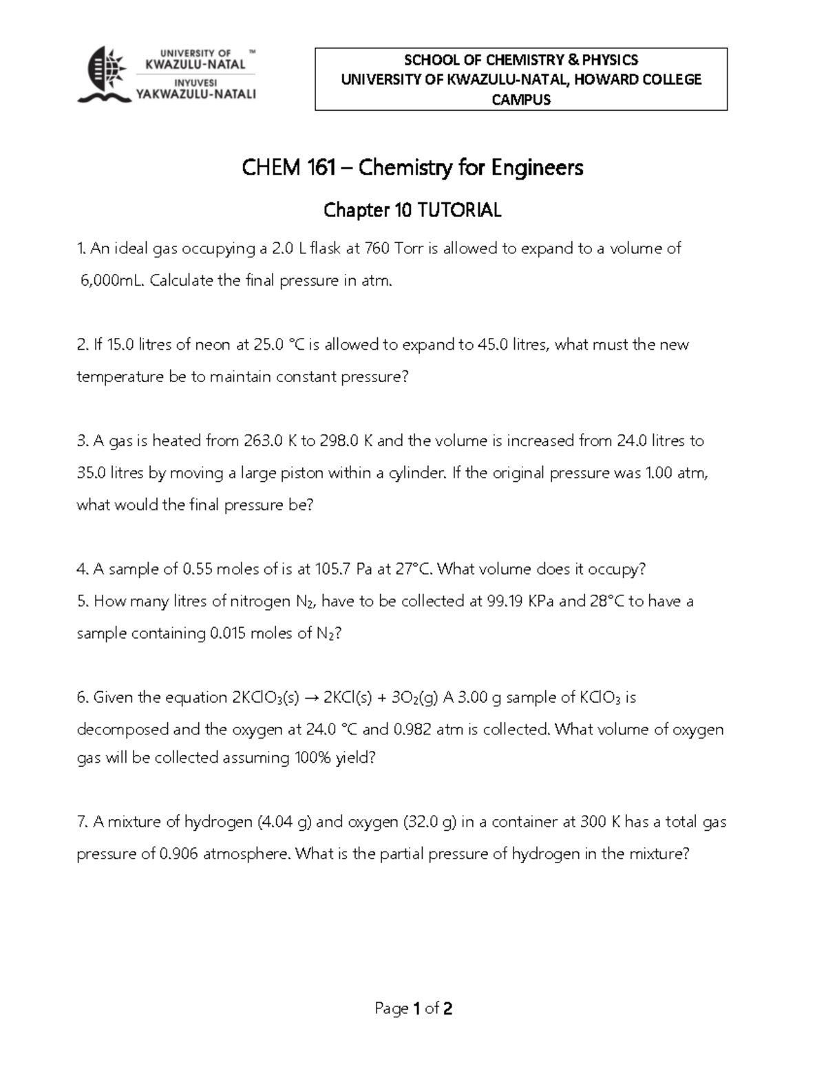 Chapter 10 Tut - SCHOOL OF CHEMISTRY & PHYSICS UNIVERSITY OF KWAZULU ...