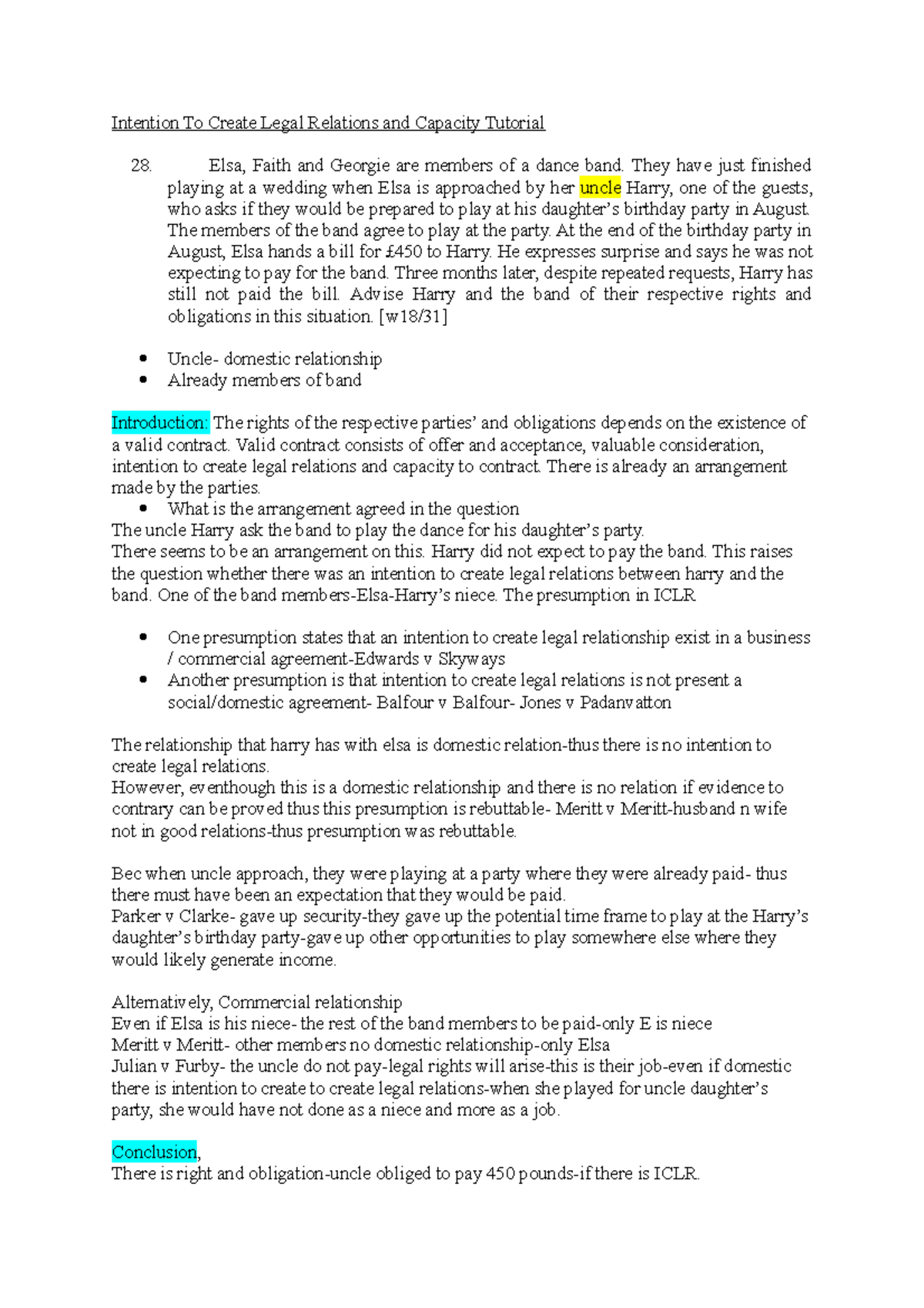 Intention To Create Legal Relations and Capacity Tutorial No.28 Elsa ...