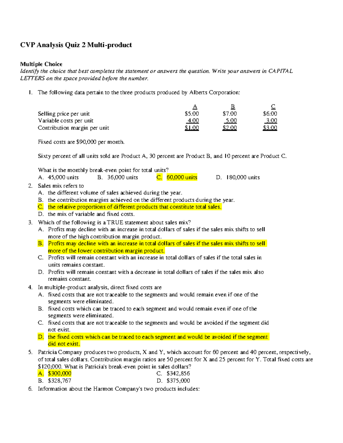 cost volume profit (cvp) - CVP Analysis Quiz 2 Multi-product Multiple ...
