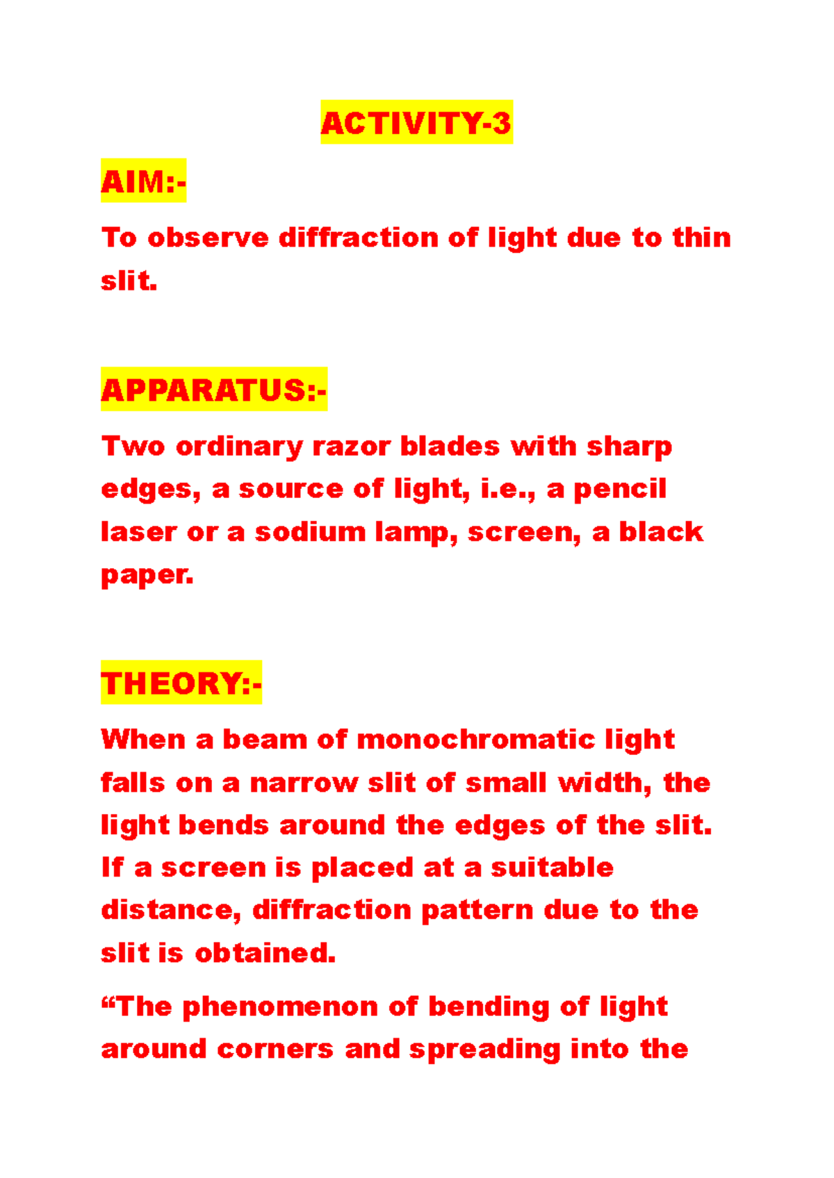 Activity 3 pdf - Hdifb - ACTIVITY- 3 AIM:- To observe diffraction of ...