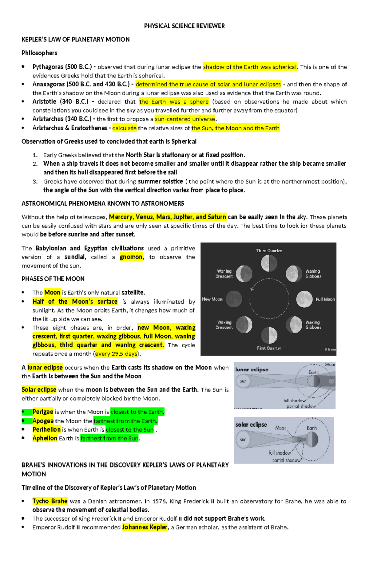 Physical Science Reviewer Q2 - PHYSICAL SCIENCE REVIEWER KEPLER’S LAW OF PLANETARY MOTION - Studocu