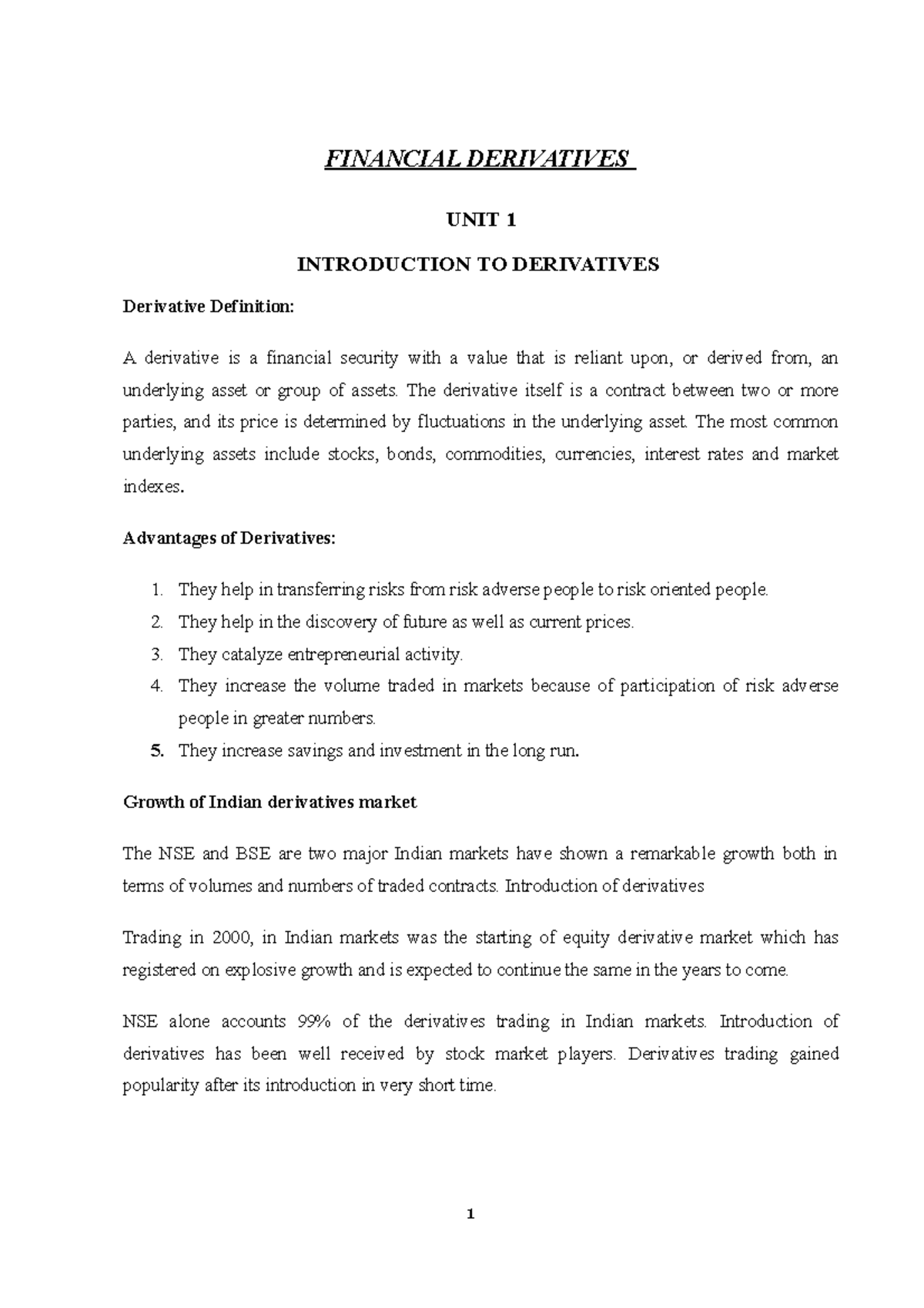 Financial derivatives - FINANCIAL DERIVATIVES UNIT 1 INTRODUCTION TO ...