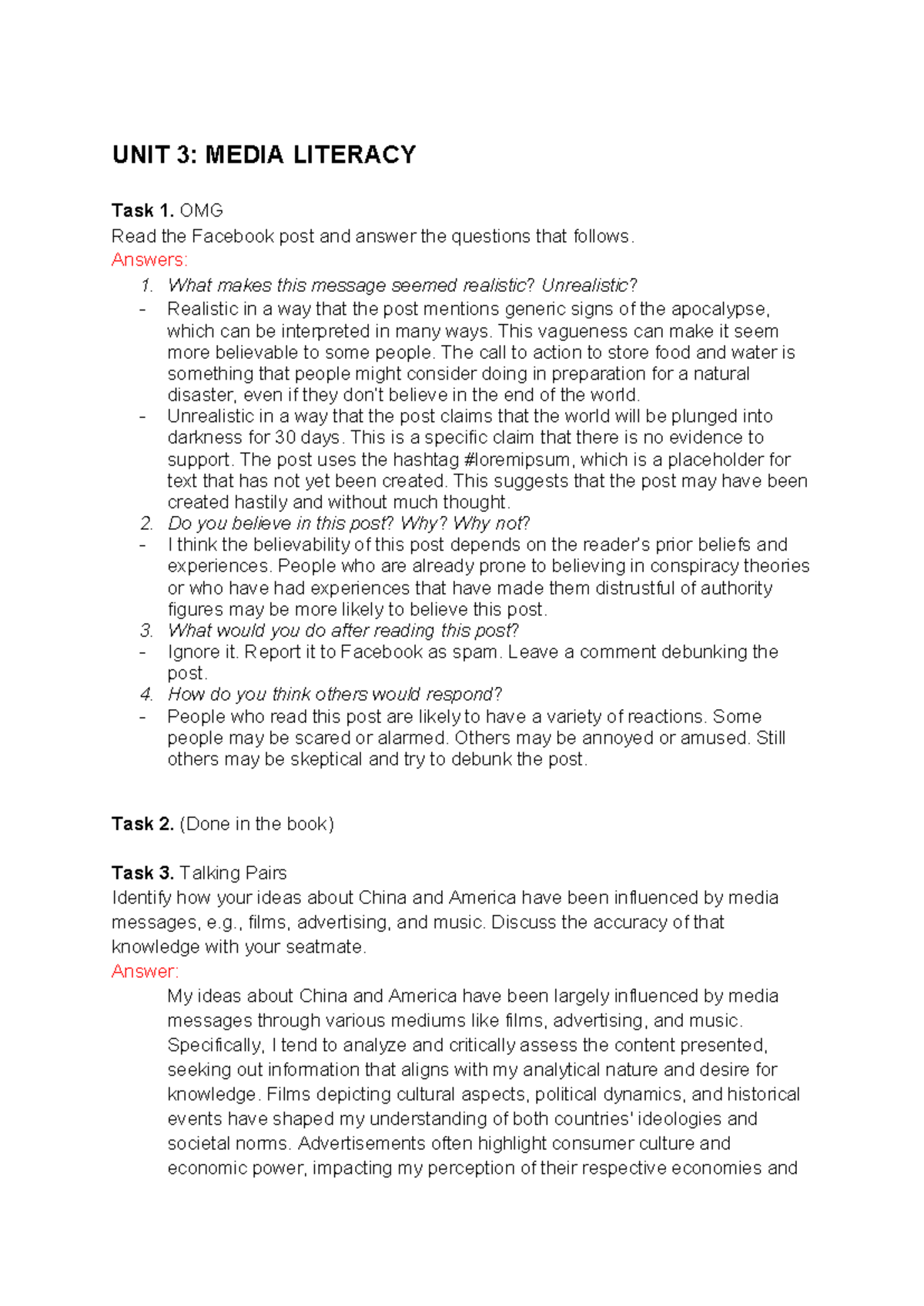 UNIT 3 - UNIT 3: MEDIA LITERACY Task 1. OMG Read the Facebook post and ...