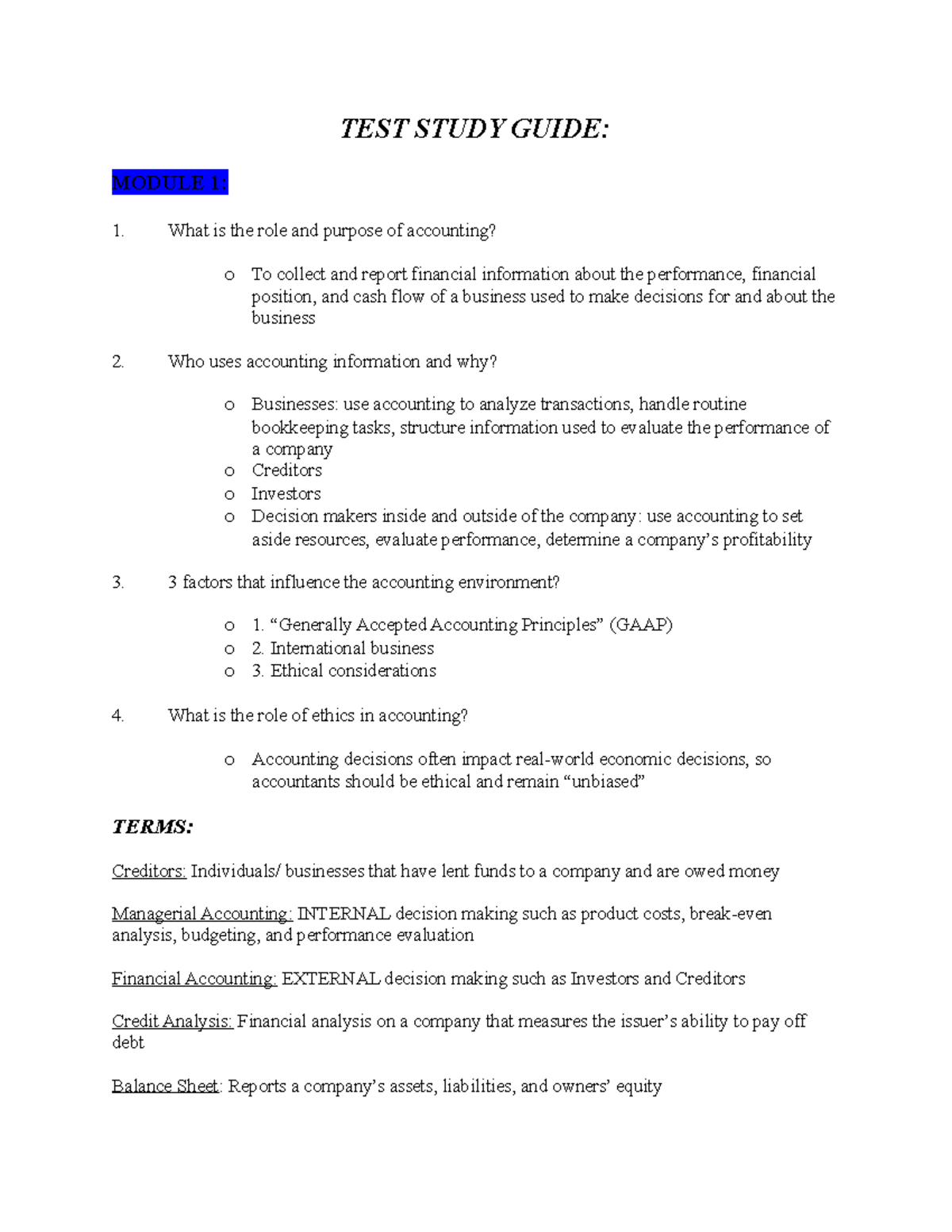 Accounting - A more detailed version of the study guide - TEST STUDY ...