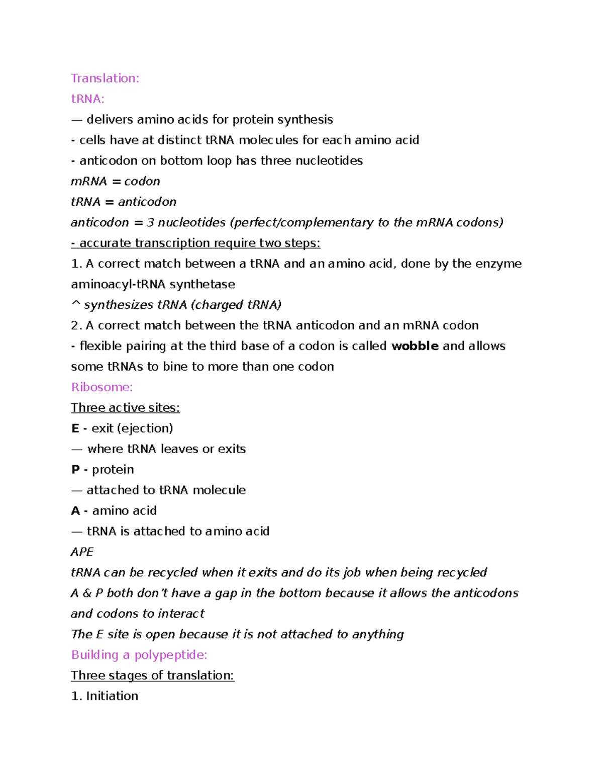 BSC 170 9-30-22 - Instructor: Wade Nichols - Translation: tRNA ...