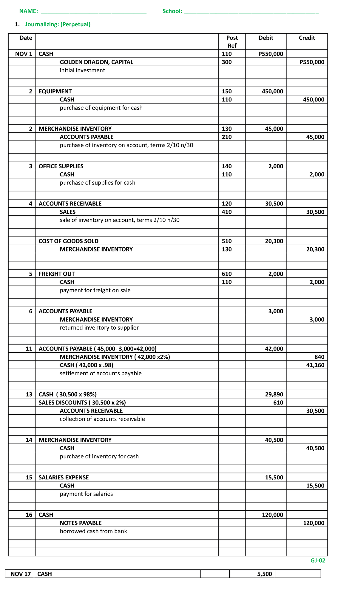 550 NC 3 Bookkeeping Answer Sheet Perpetual. Revisedkey Answer - NAME ...