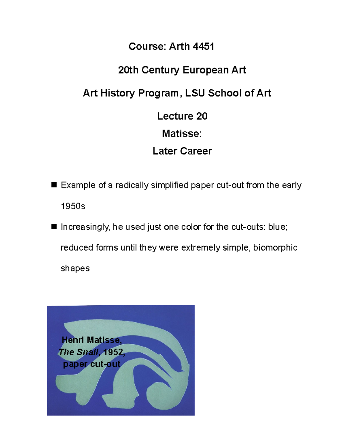 Matisse Later Career - ARTH 20th century lecture notes taken from ...