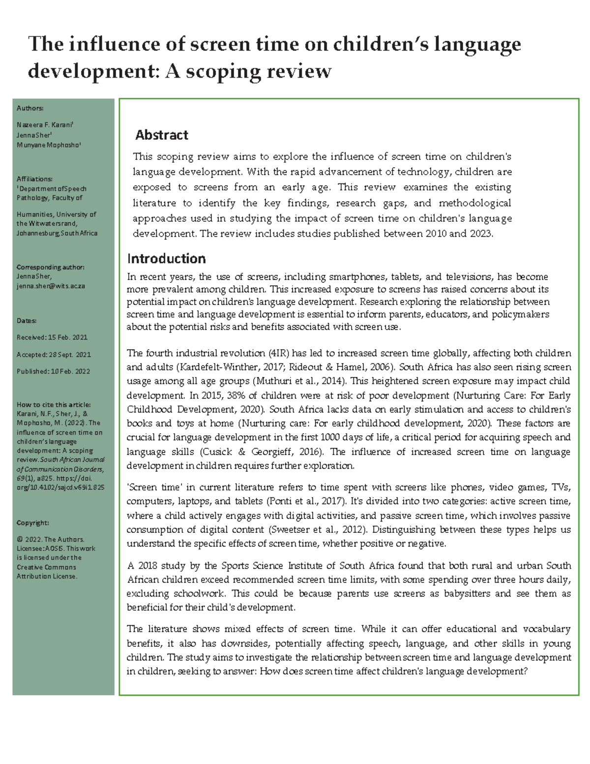 Scoping Review 2 - The influence of screen time on children’s language ...