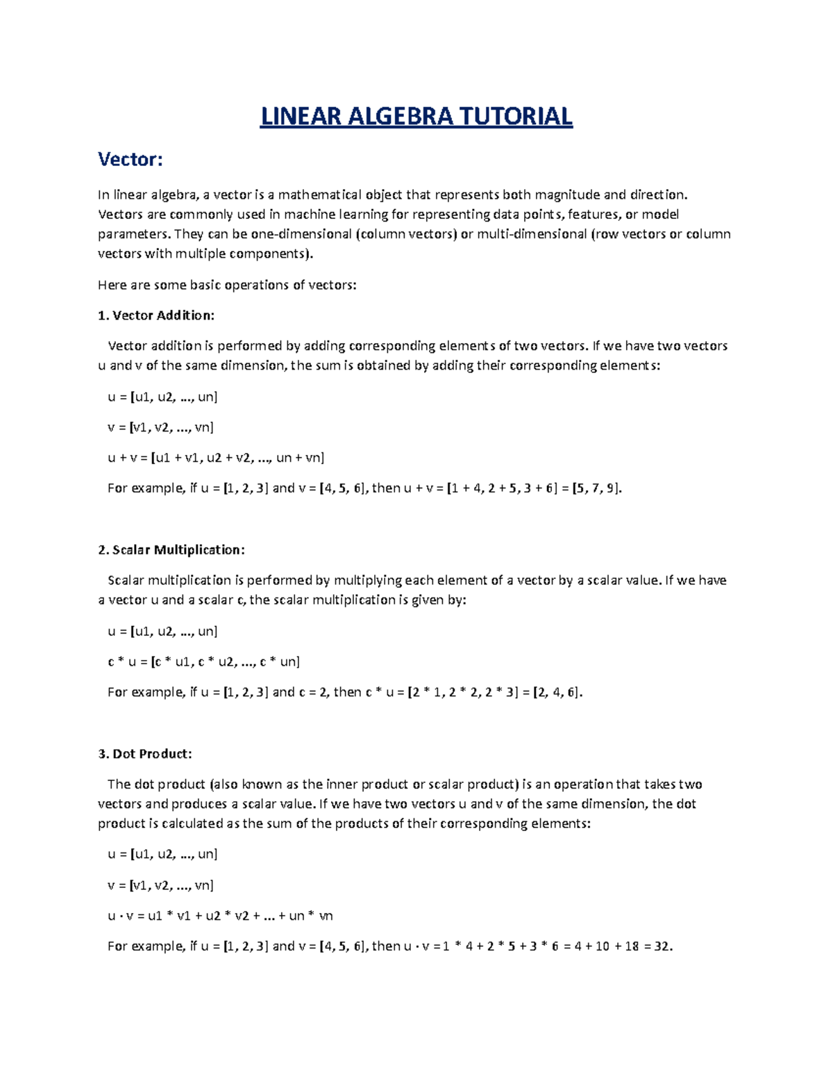 Linear Algebra Tutorial LINEAR ALGEBRA TUTORIAL Vector In Linear