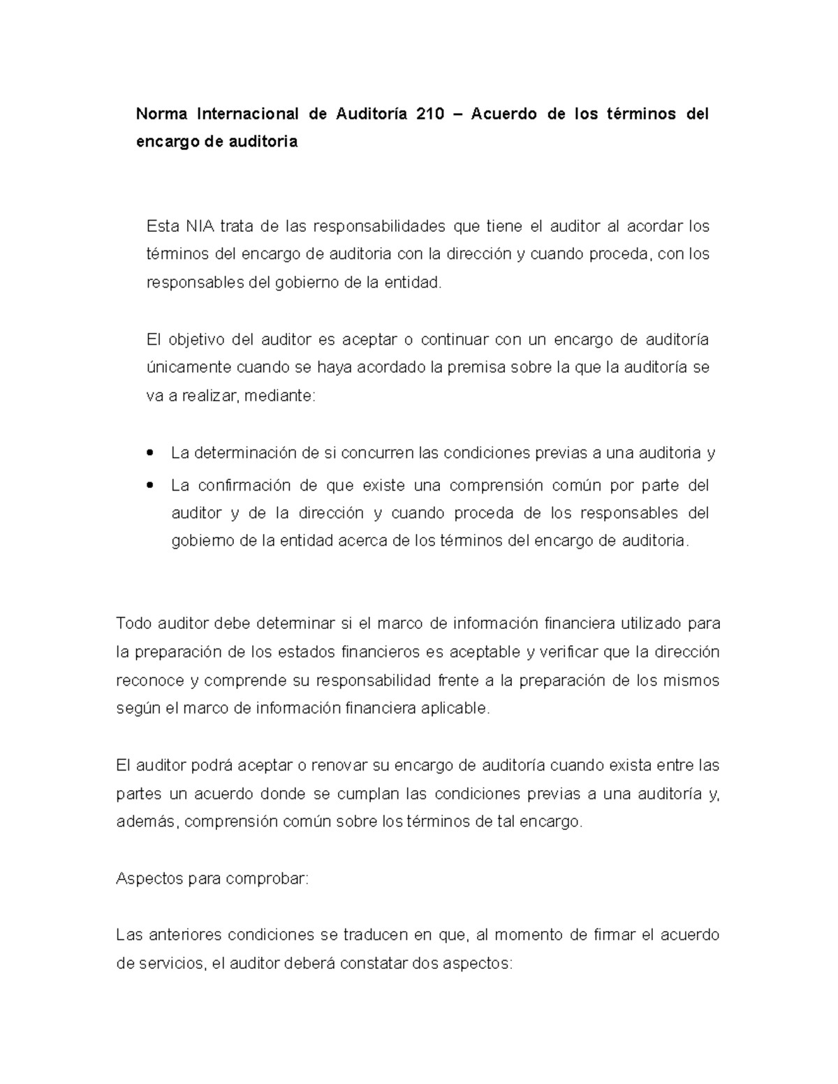 Analisi nia 210 - Norma Internacional de Auditoría 210 – Acuerdo de los ...