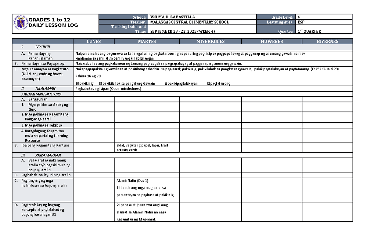 DLL ESP 5 Q1 W4 - qwertyuio - GRADES 1 to 12 DAILY LESSON LOG School ...