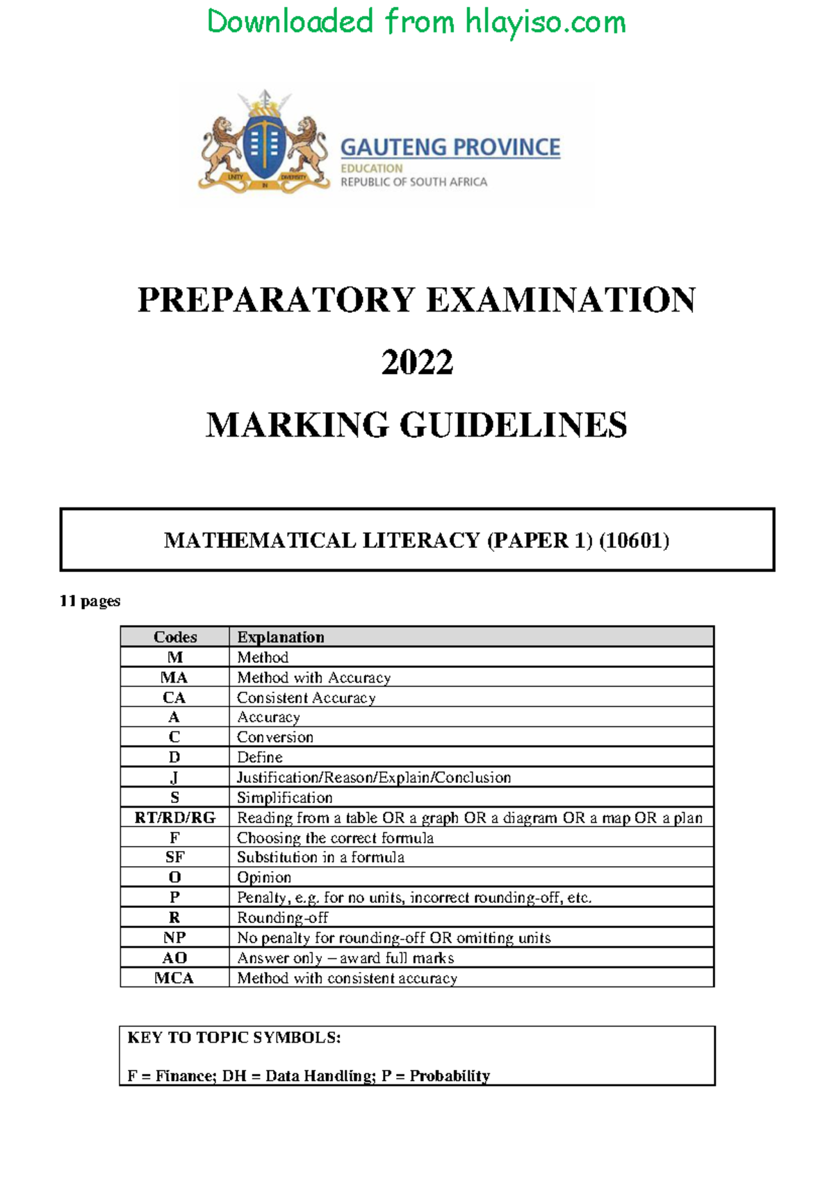 Gr12 Mathematics Literacy P1 (English) SEP 2022 Possible Answers ...