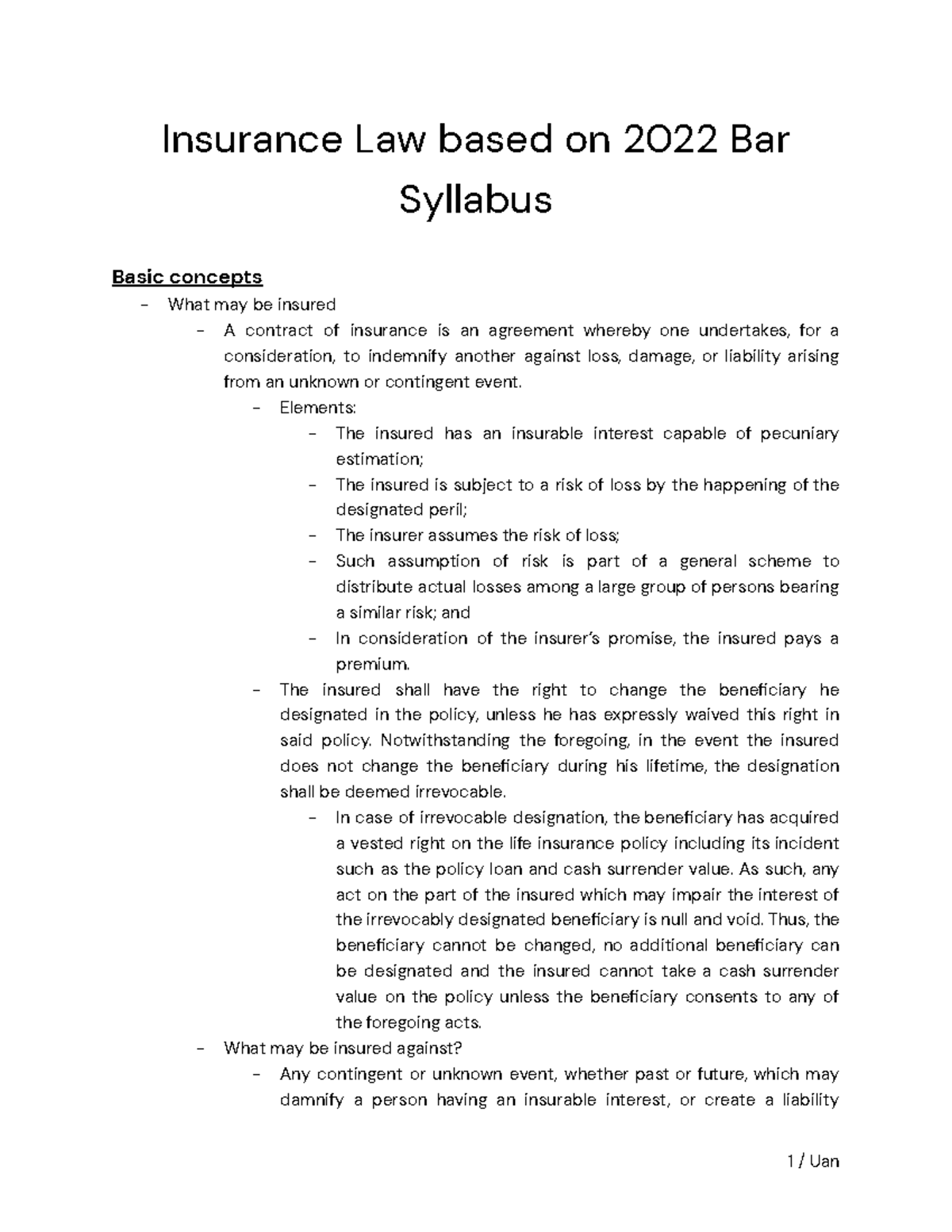 Insurance-Mock-Bar - quick notes for insurance based on 2022 bar ...