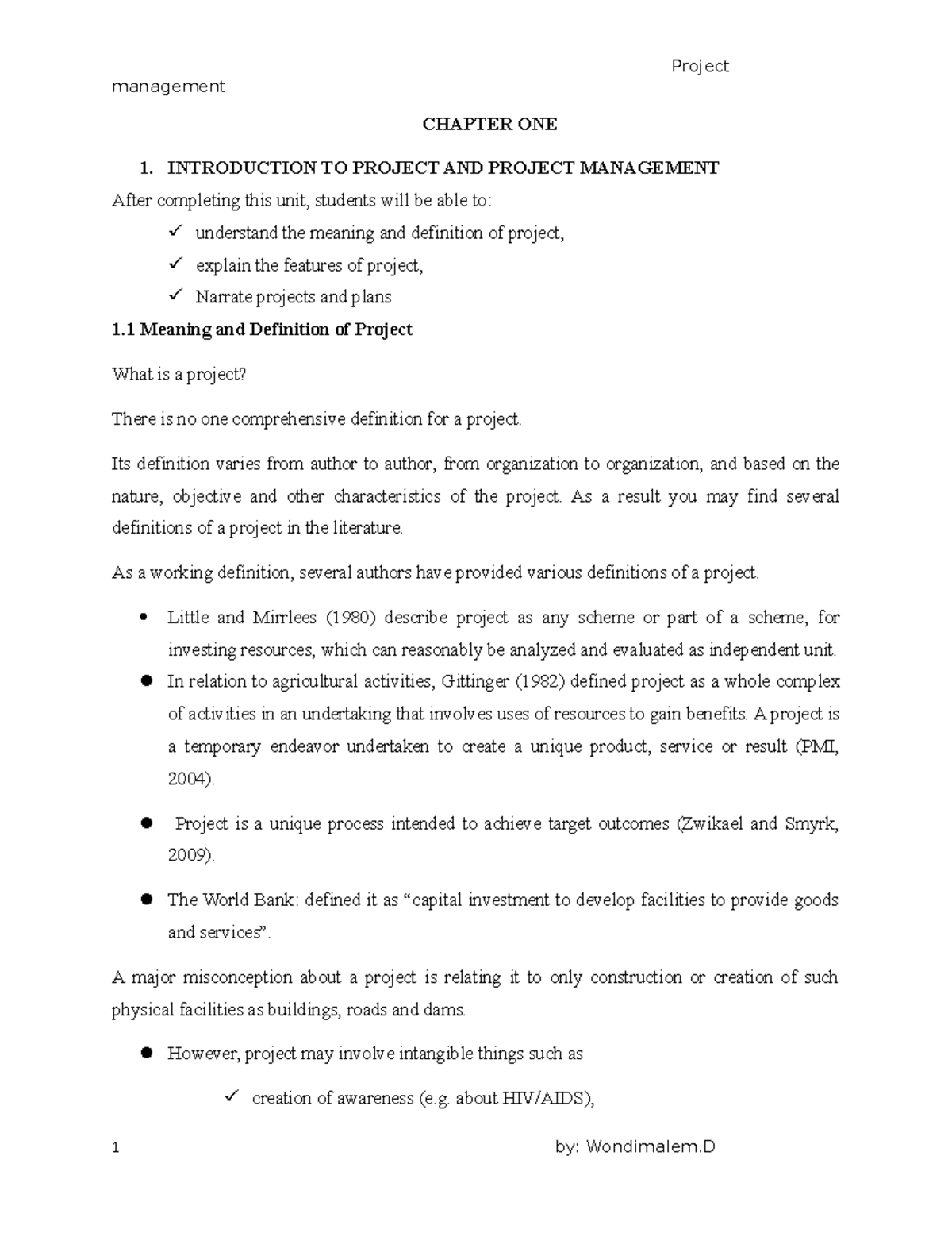 Project Management Ch 1 - management CHAPTER ONE INTRODUCTION TO PROJECT AND PROJECT MANAGEMENT ...