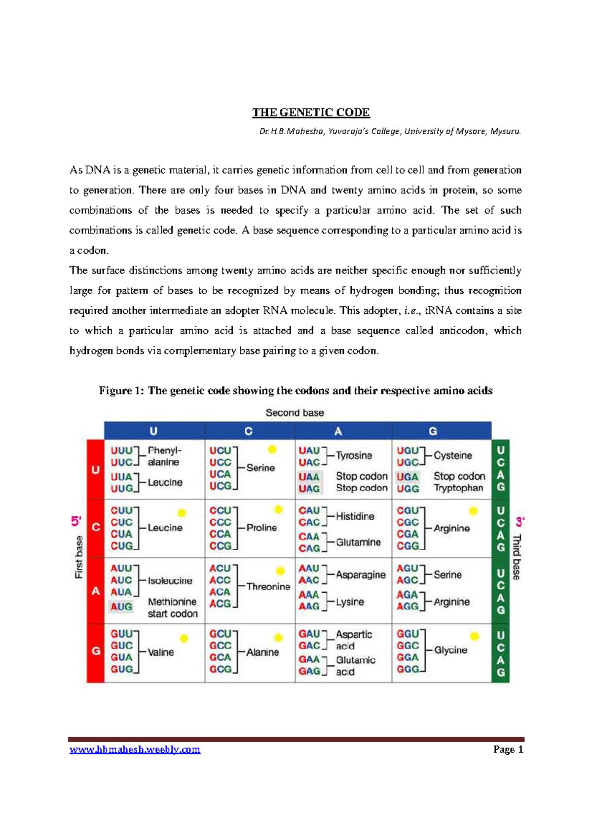 5 - Genetics - THE GENETIC CODE Dr.H.B, Yuvaraja’s College, University ...