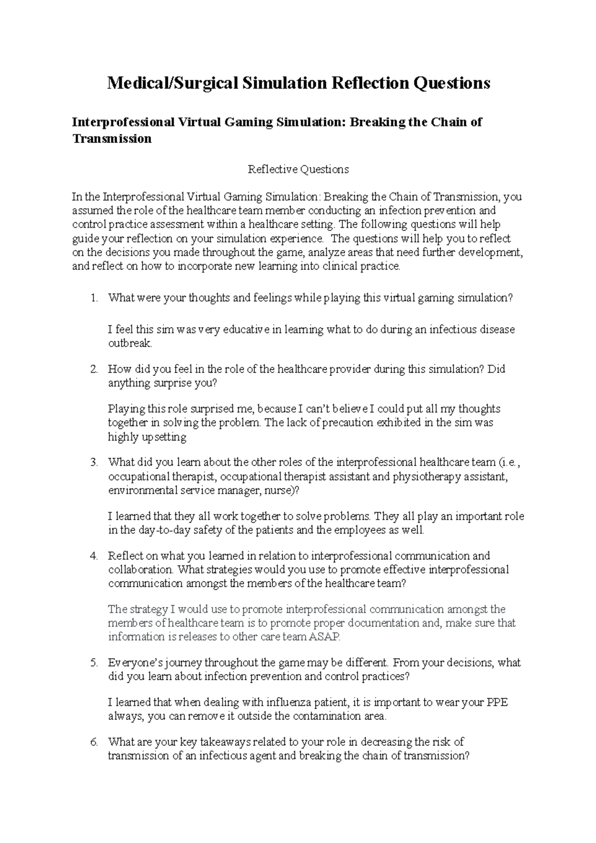 Medical-Surgical Reflection Questions - Medical/Surgical Simulation ...