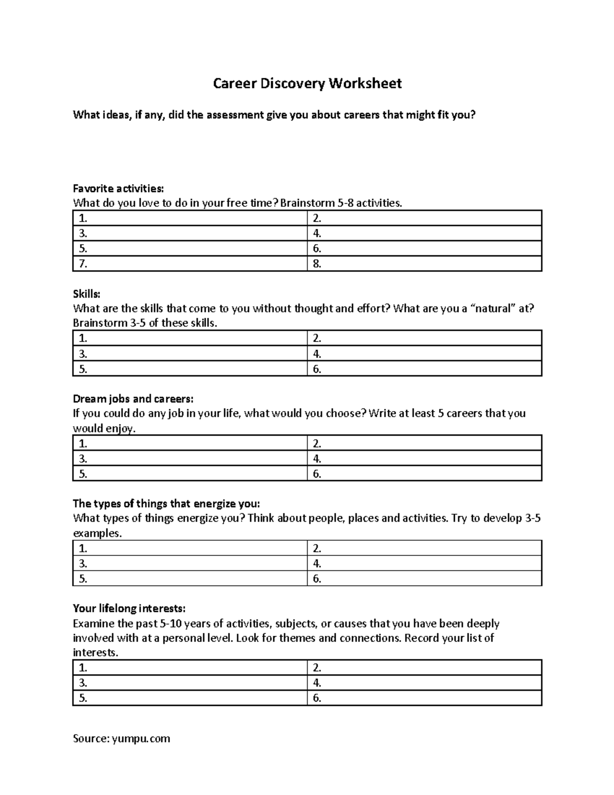 Career Discovery Worksheet - Source: yumpu Career Discovery Worksheet ...