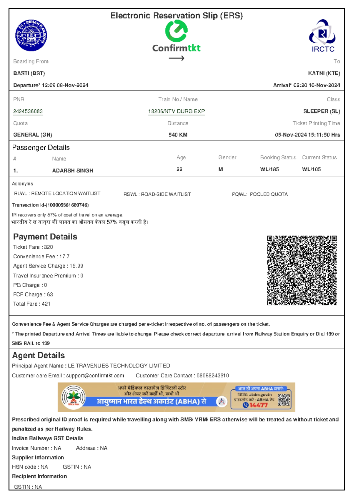 Train ticket TK563989117 R24 - Electronic Reservation Slip (ERS ...
