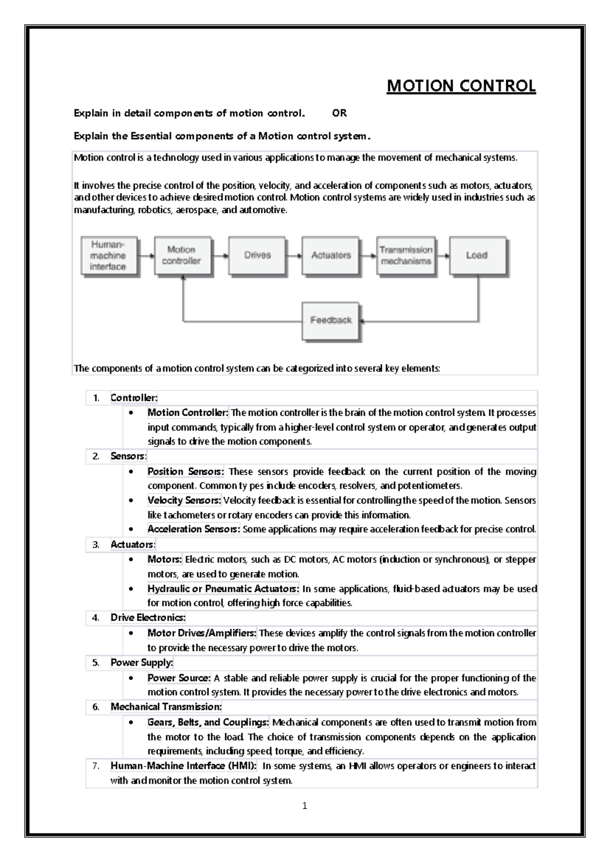 Motion Control 1 - MOTION CONTROL Explain in detail components of ...