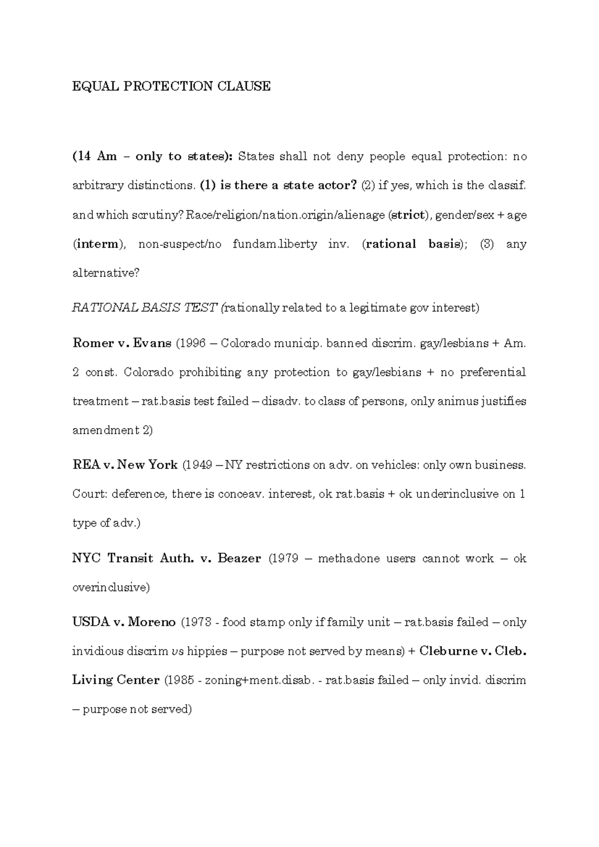 CON LAW Equal Protection Clause attack outline w cases - EQUAL ...