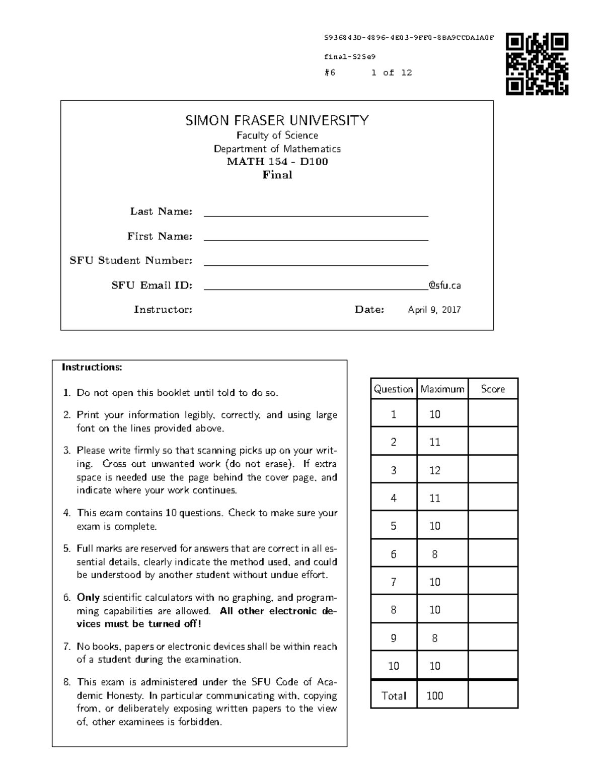 MATH154-final-v1 1171 - SIMON FRASER UNIVERSITY Faculty of Science ...