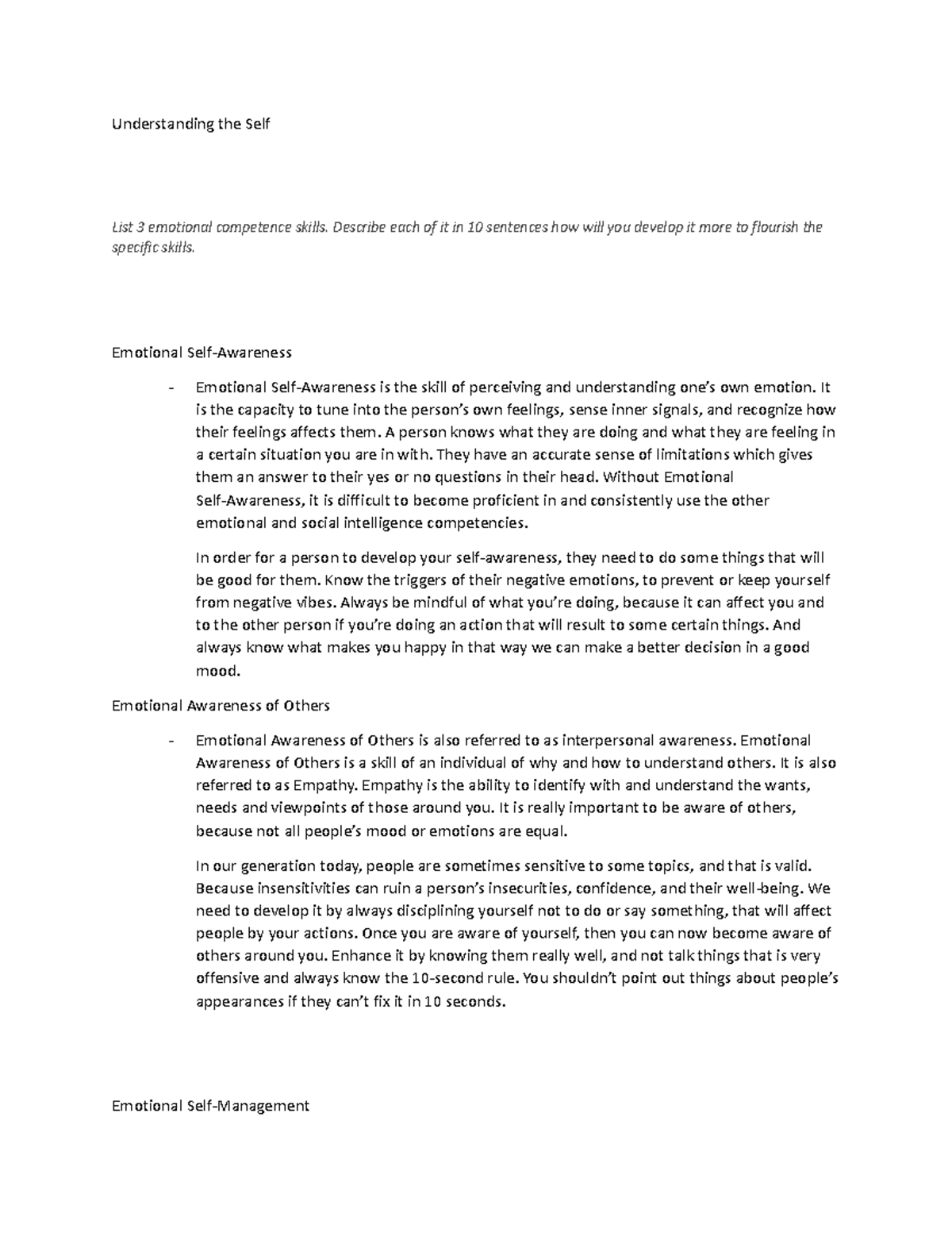 Developing Emotional Competency - Understanding the Self List 3 ...