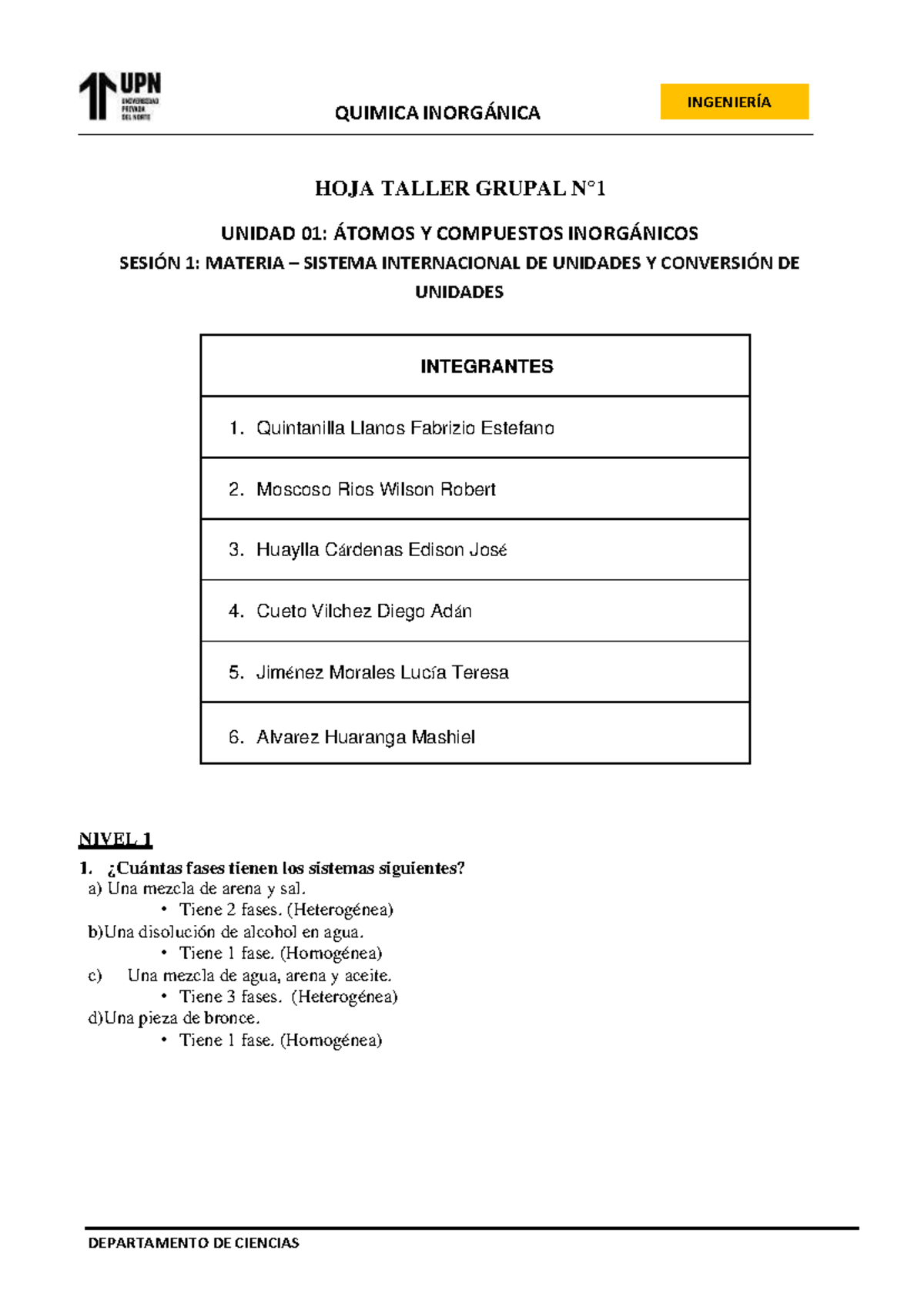 Hoja Taller Grupal N° 1 Materia - QUIMICA INORG¡NICA HOJA TALLER GRUPAL N° UNIDAD 01: ¡TOMOS Y ...