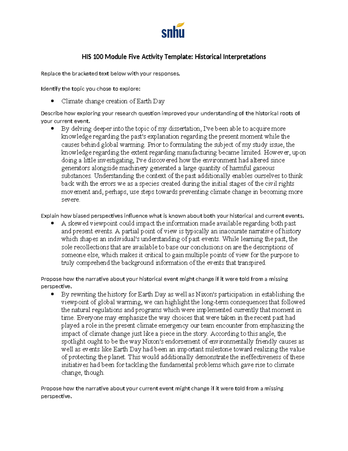 HIS 100 Module Five Activity Template - Identify the topic you chose to ...