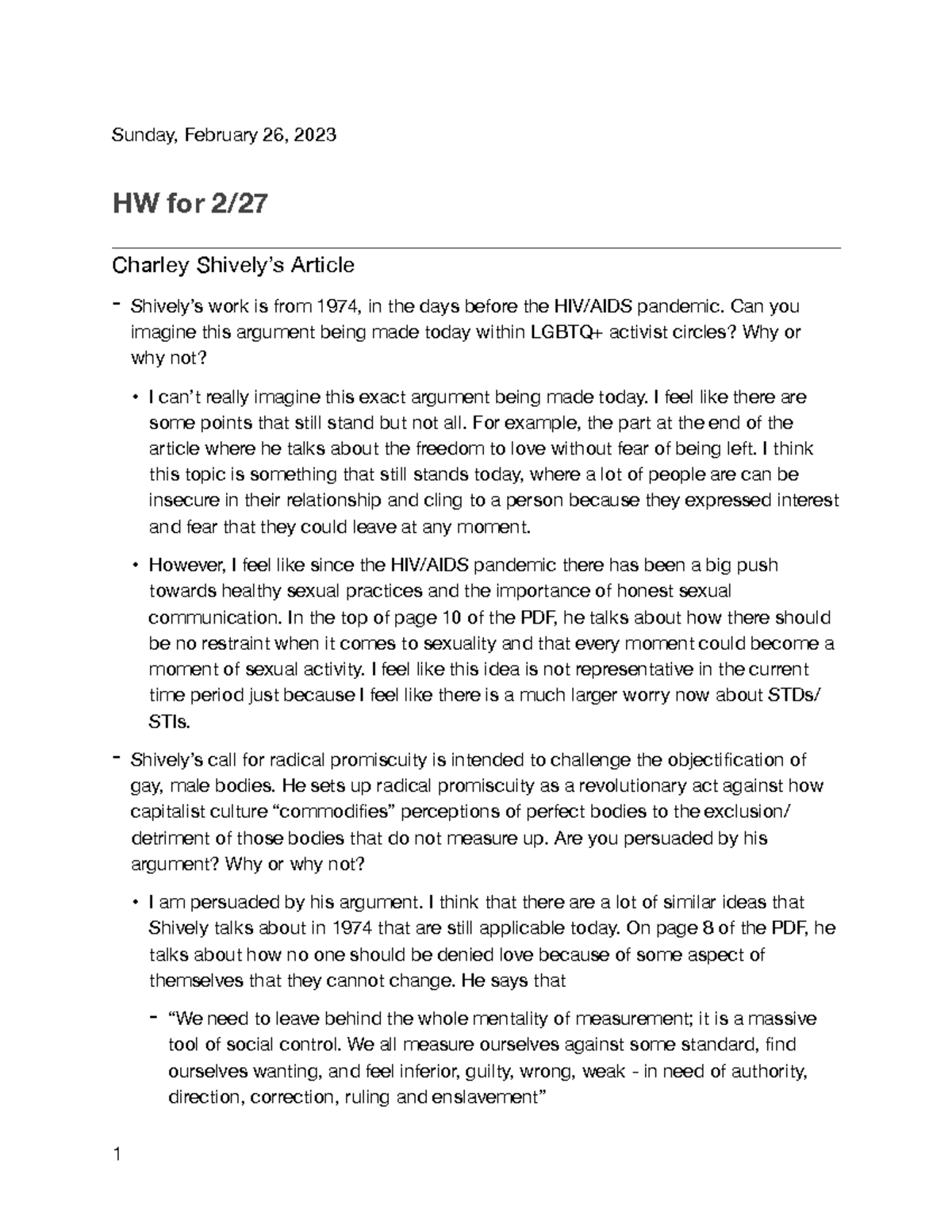 Seminar Discussion 2/27 - Sunday, February 26, 2023 HW for 2/ Charley ...