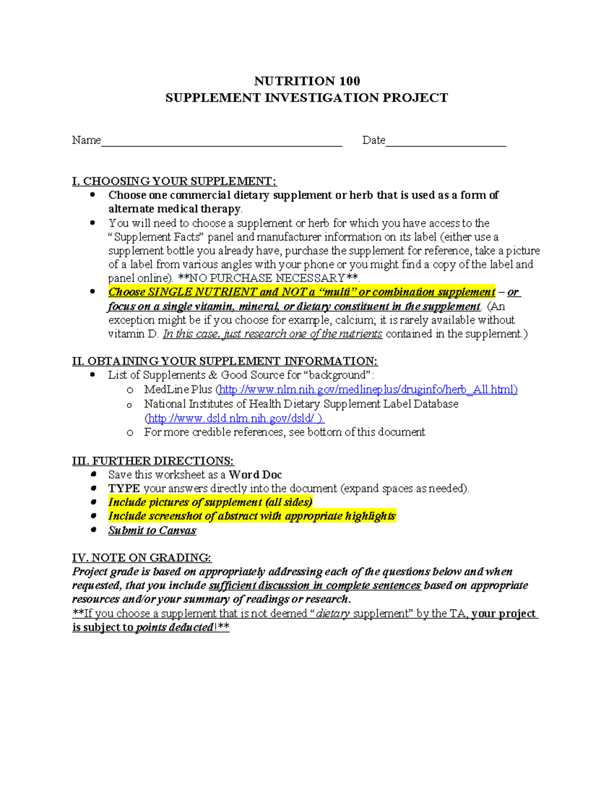 Supplement Investigation Project - NUTRITION 100 SUPPLEMENT ...