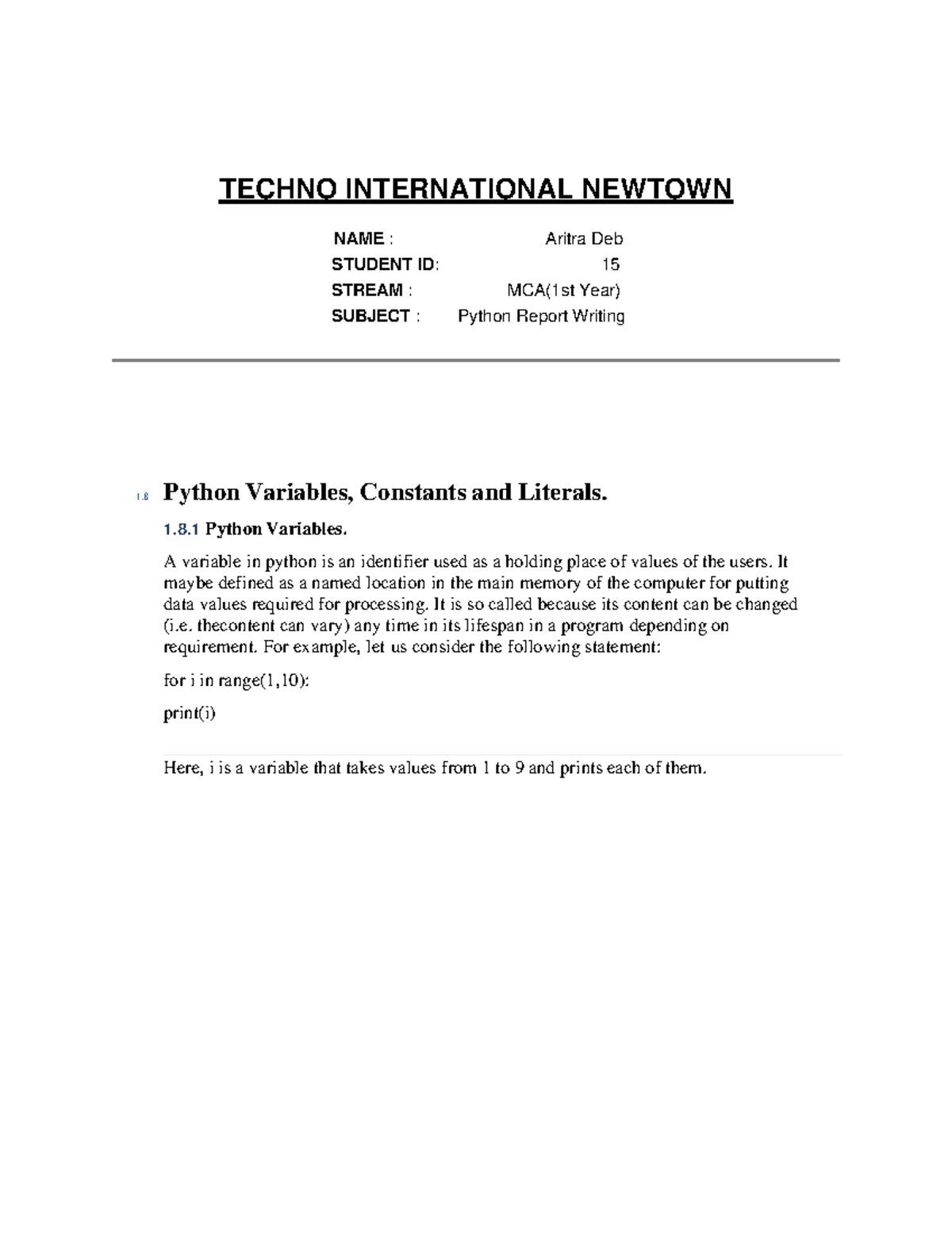 Python Chapter One Computer Techno International Newtown Name