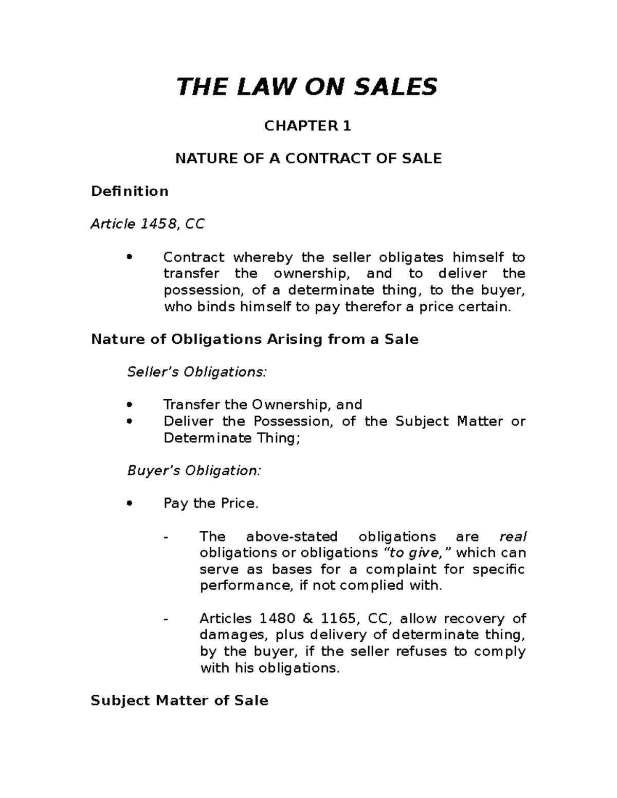 Lawww - LAW LECTURE - THE LAW ON SALES CHAPTER 1 NATURE OF A CONTRACT ...