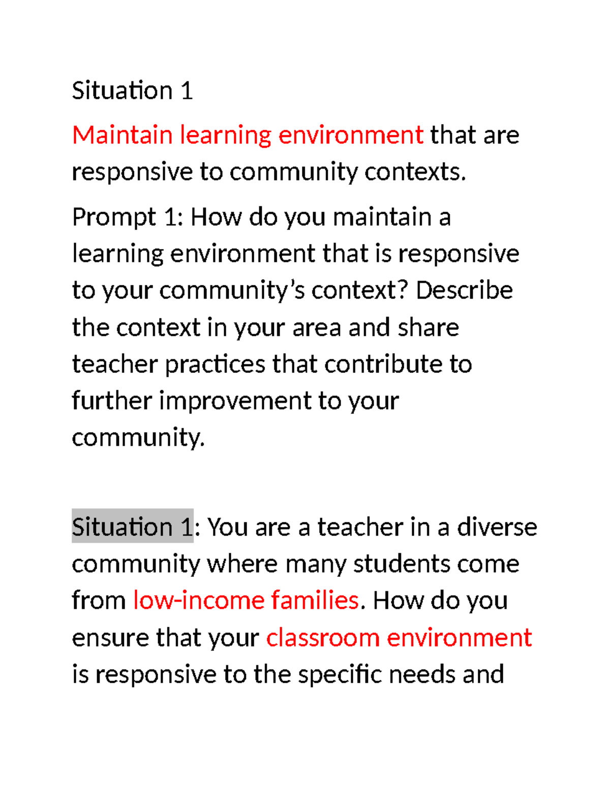 Maintain - Situation 1 Maintain learning environment that are ...
