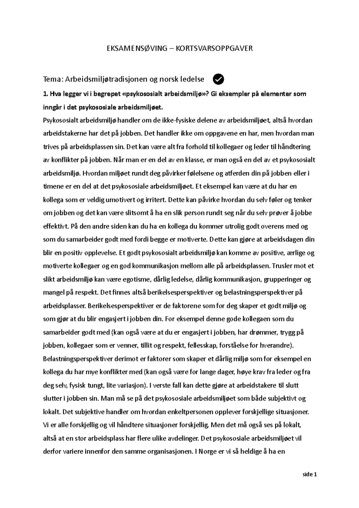 Kortsvarsoppgavene - Svar på kortsvar - EKSAMENSØVING – KORTSVARSOPPGAVER Tema: - Studocu