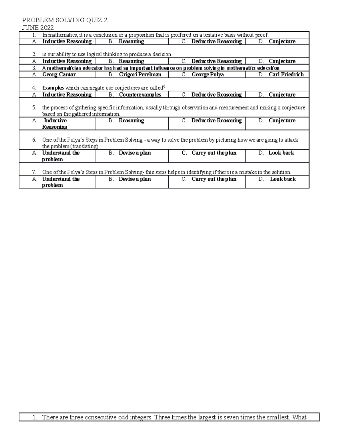 Problem Solving Quiz 2 - PROBLEM SOLVING QUIZ 2 JUNE 2022 1. In ...