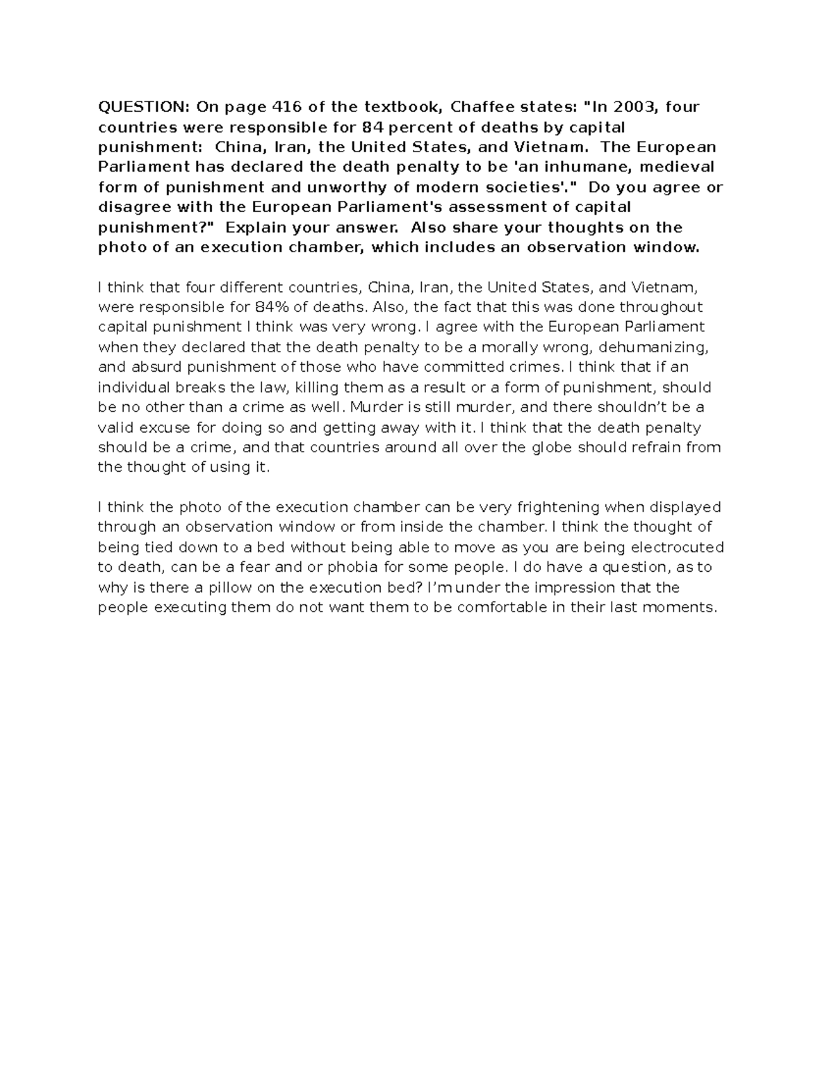 Death Penalty - Journal Entry - QUESTION: On page 416 of the textbook ...