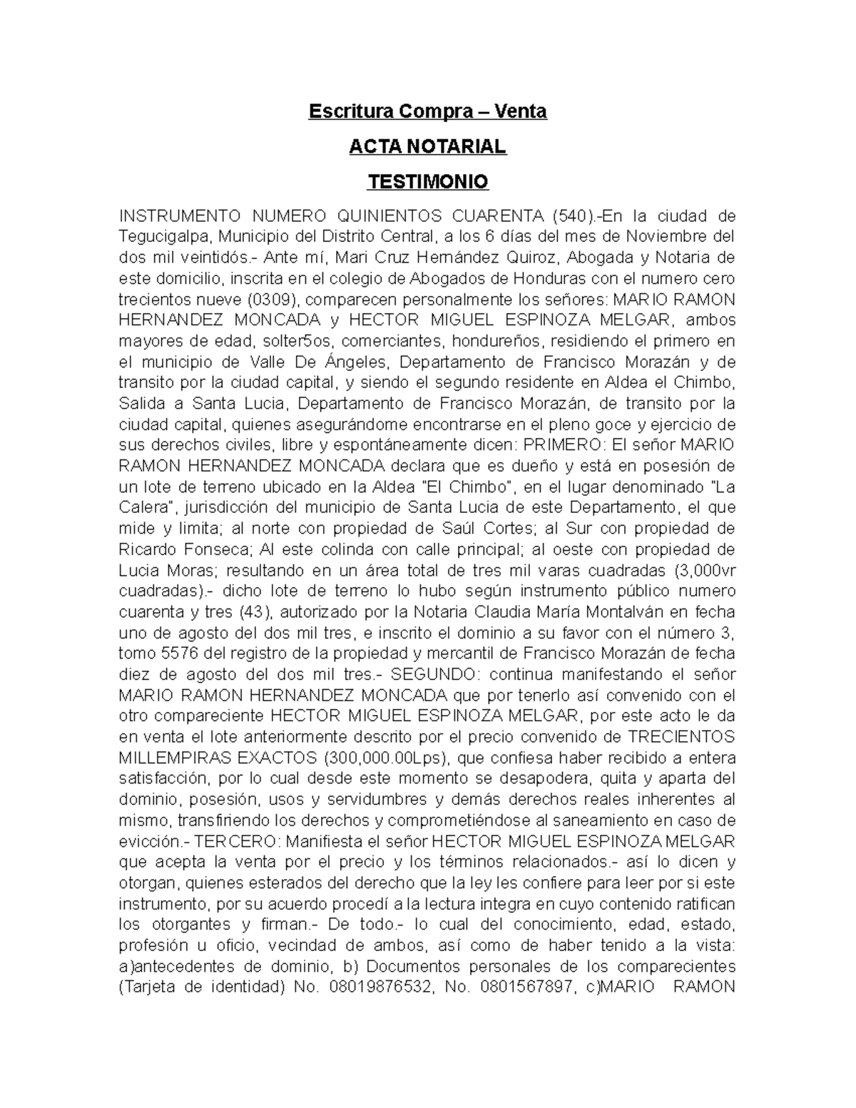 Escritura Compra venta - Escritura Compra – Venta ACTA NOTARIAL ...