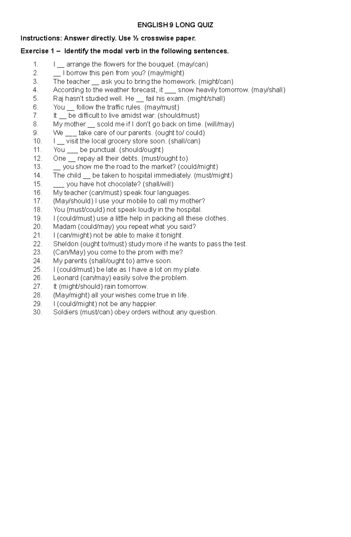 English 9 LONG QUIZ q1 - Quiz - ENGLISH 9 LONG QUIZ Instructions ...